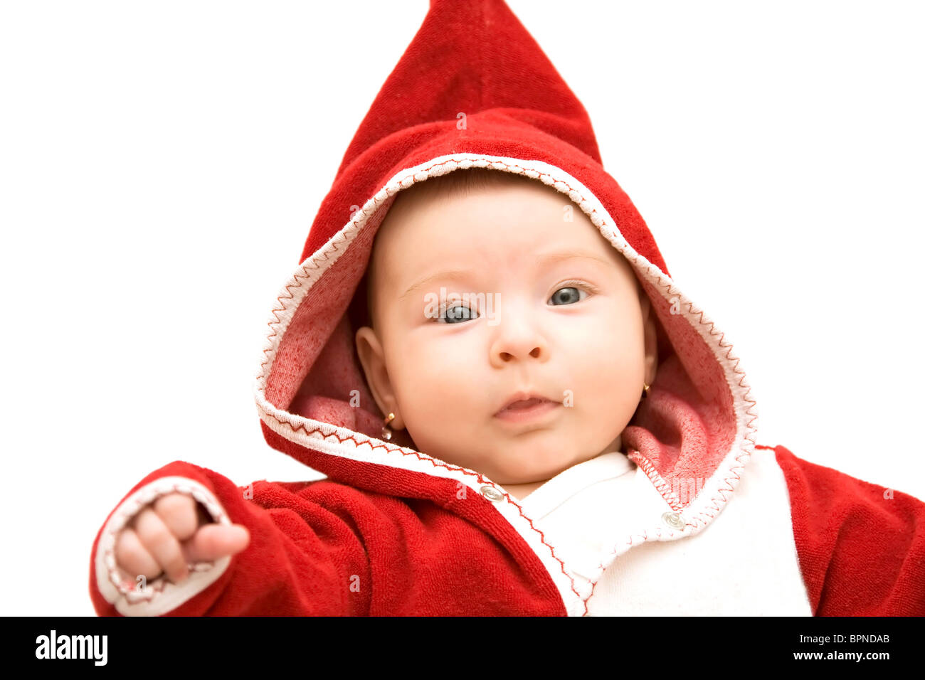 Baby girl dressed in a funny red costume isolated on white Stock Photo ...