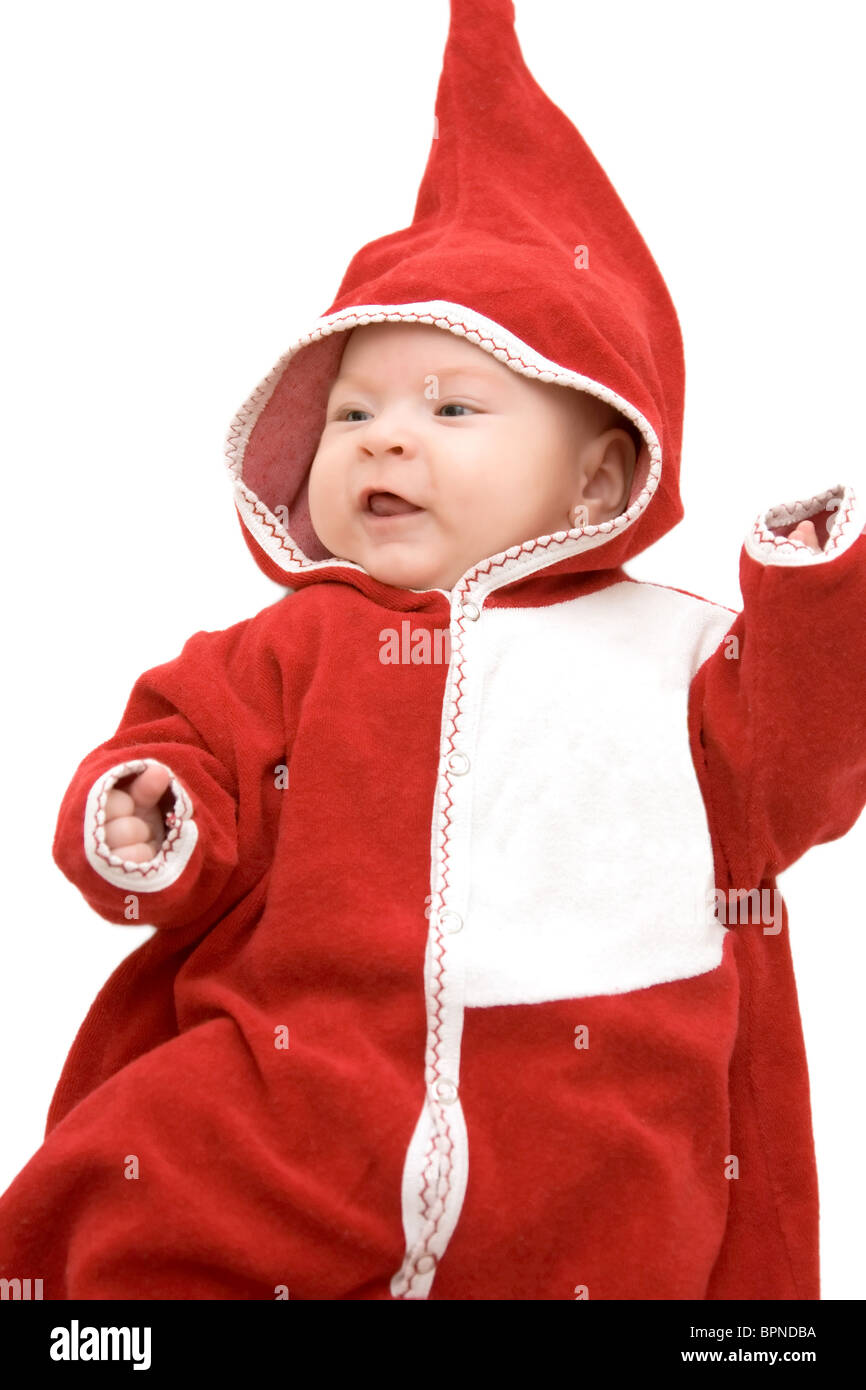 Baby girl dressed in a funny red costume isolated on white Stock Photo ...
