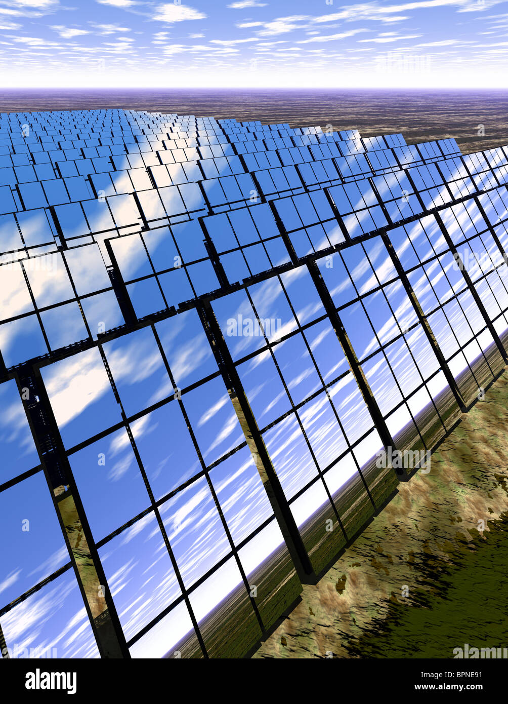 3D rendered solar panel farm in English-type countryside Stock Photo ...