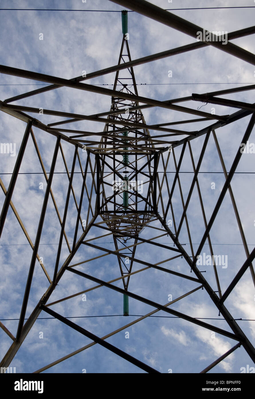 Photo of an electric tower taken from below Stock Photo - Alamy