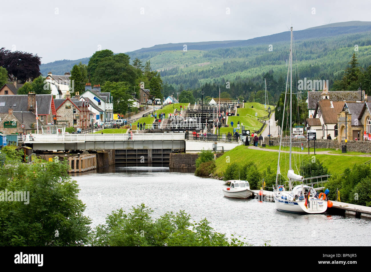 A series of canal locks on the caledonian canal at Fort Augustus with ...