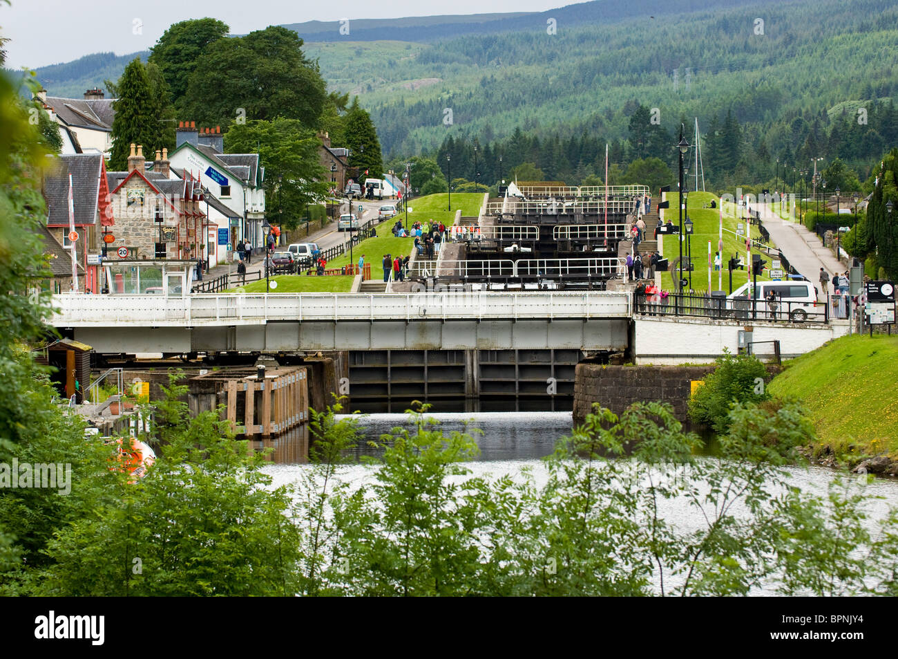 A series of canal locks on the caledonian canal at Fort Augustus with ...