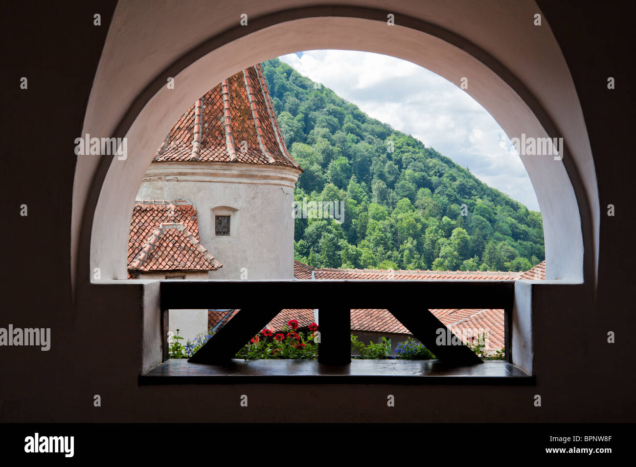 Tower seen from the balcony of the Bran Castle in Romania Stock Photo ...