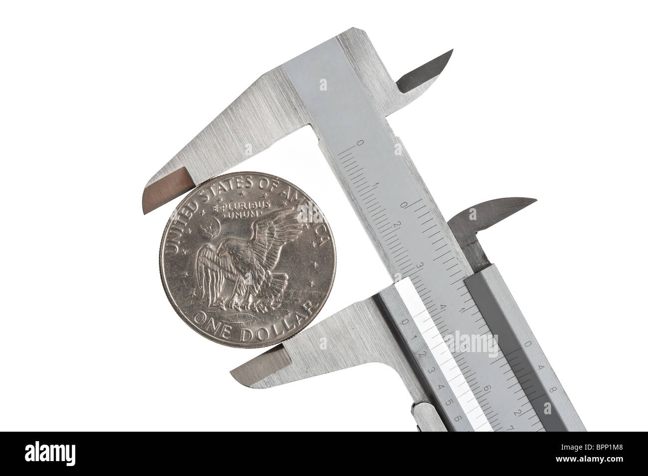caliper with one dollar coin isolated on white background with clipping ...