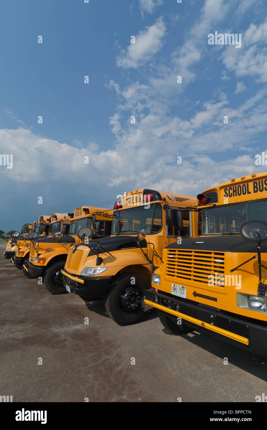 A fleet of shiny new school buses wait for another school year to begin ...