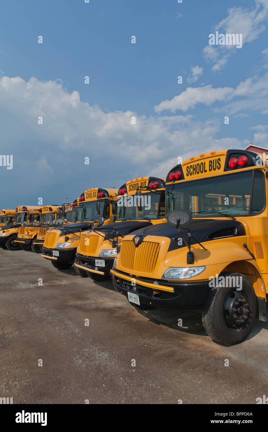 A fleet of shiny new school buses wait for another school year to begin ...