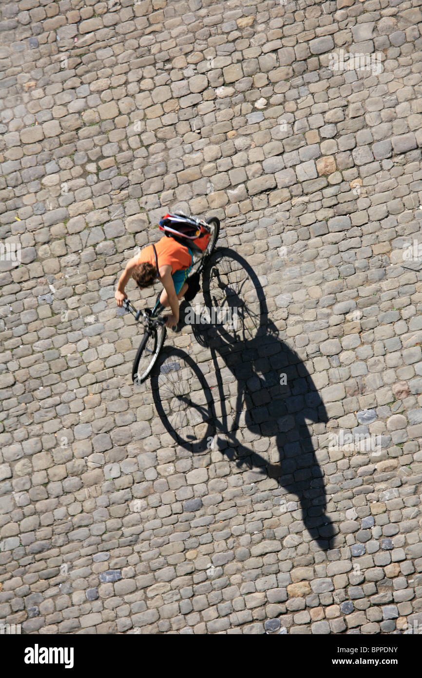 Aerial view of a cyclist on cobbled street, Bern, Switzerland Stock ...