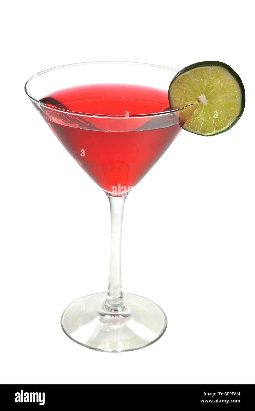 Red Cosmopolitan with lime slice isolated on white background with ...