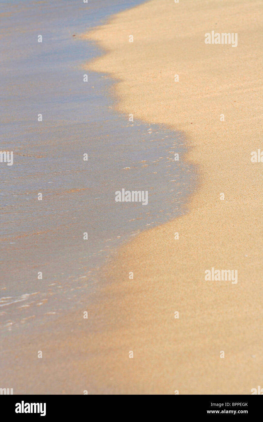 Beach, shoreline, at the waters edge when the wave has retreated and ...