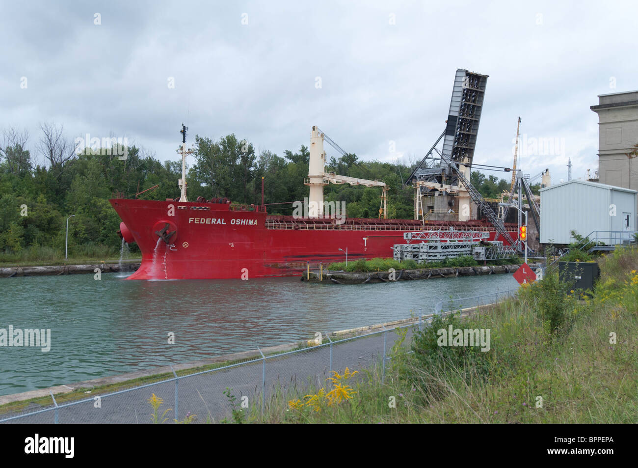 Bulk carrier ship "Federal Oshima" exits a lock on the Welland Canal ...