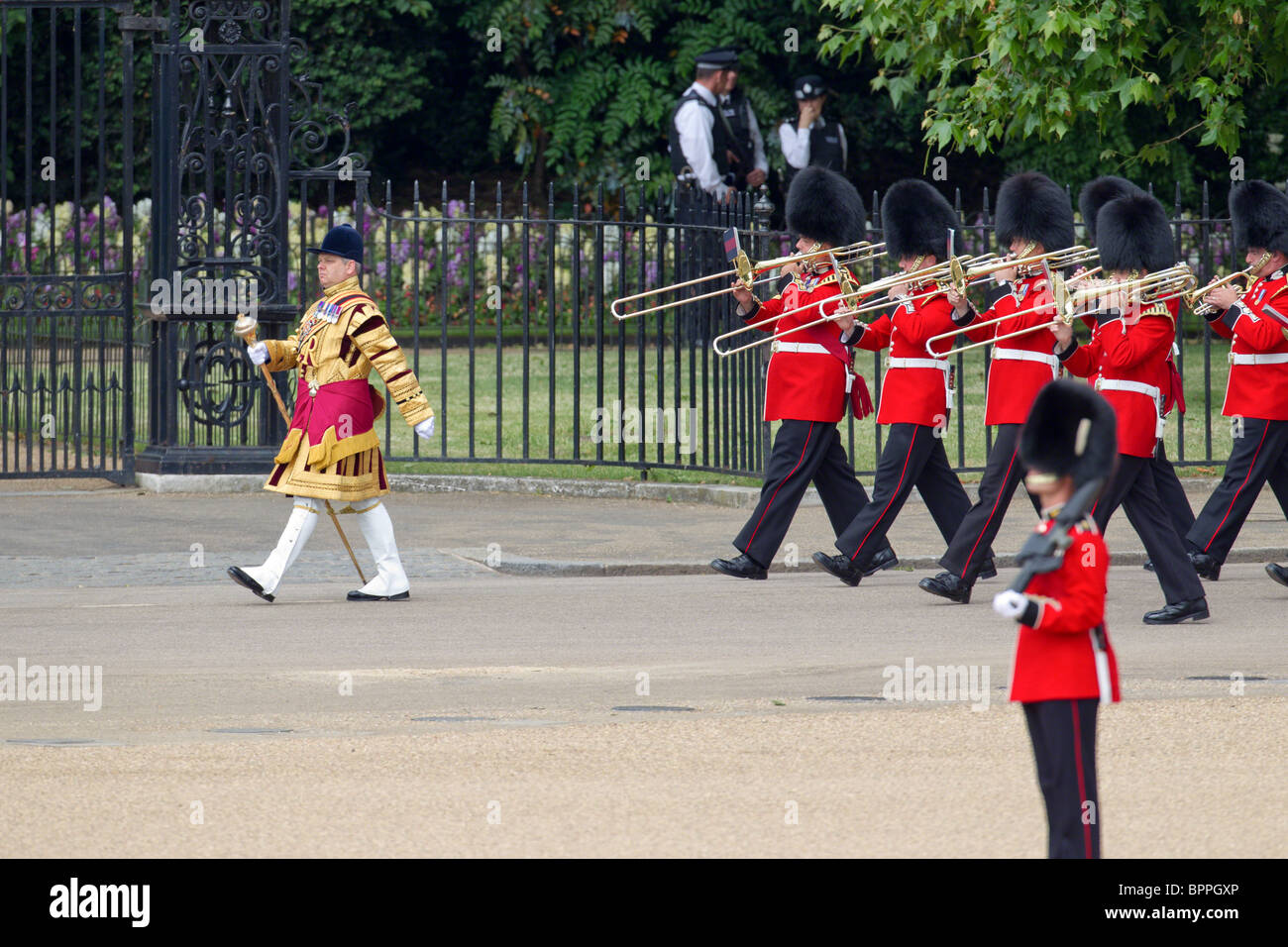 The Band of the Scots Guards marching onto Horse Guards Parade, at ...