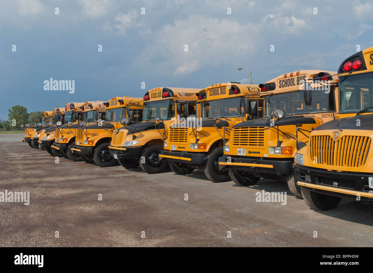 A fleet of shiny new school buses wait for another school year to begin ...