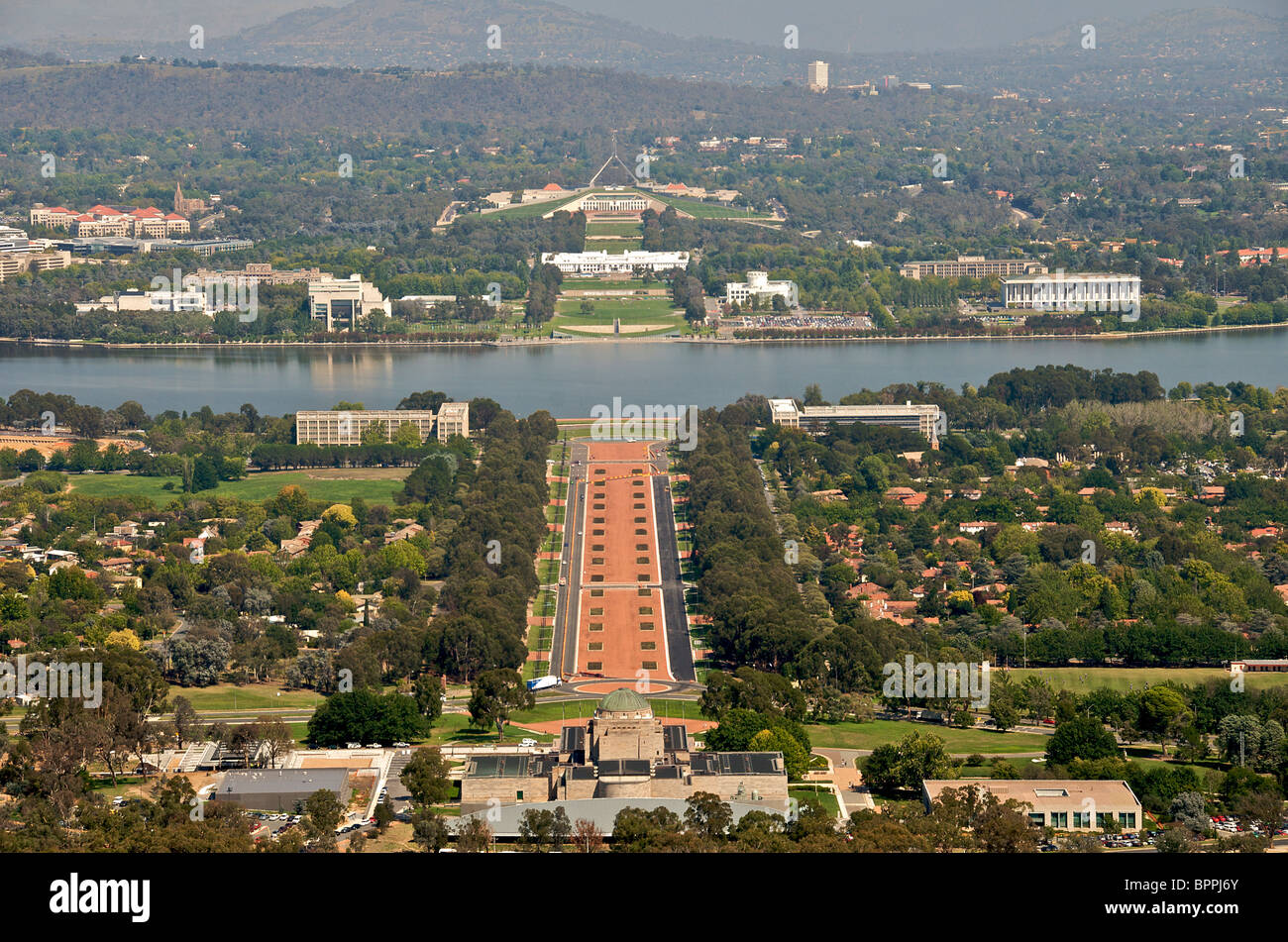 Top view Anzac Parade, Lake Burley Griffin and Old and New Parliaments ...