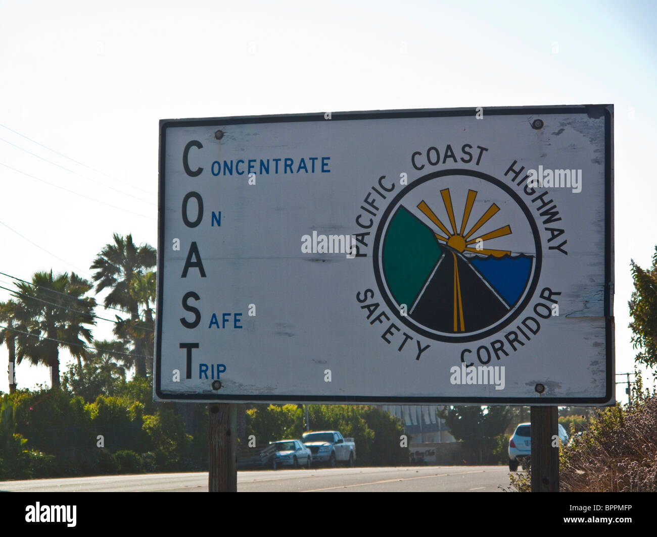 Safety sign on PCH Stock Photo - Alamy