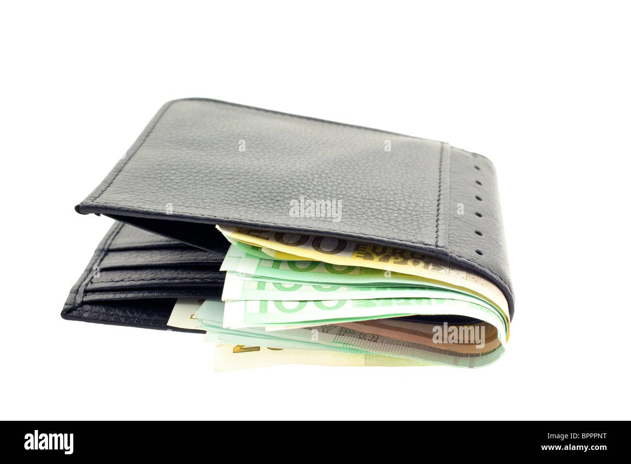 black leather wallet with euro notes isolated on white background ...