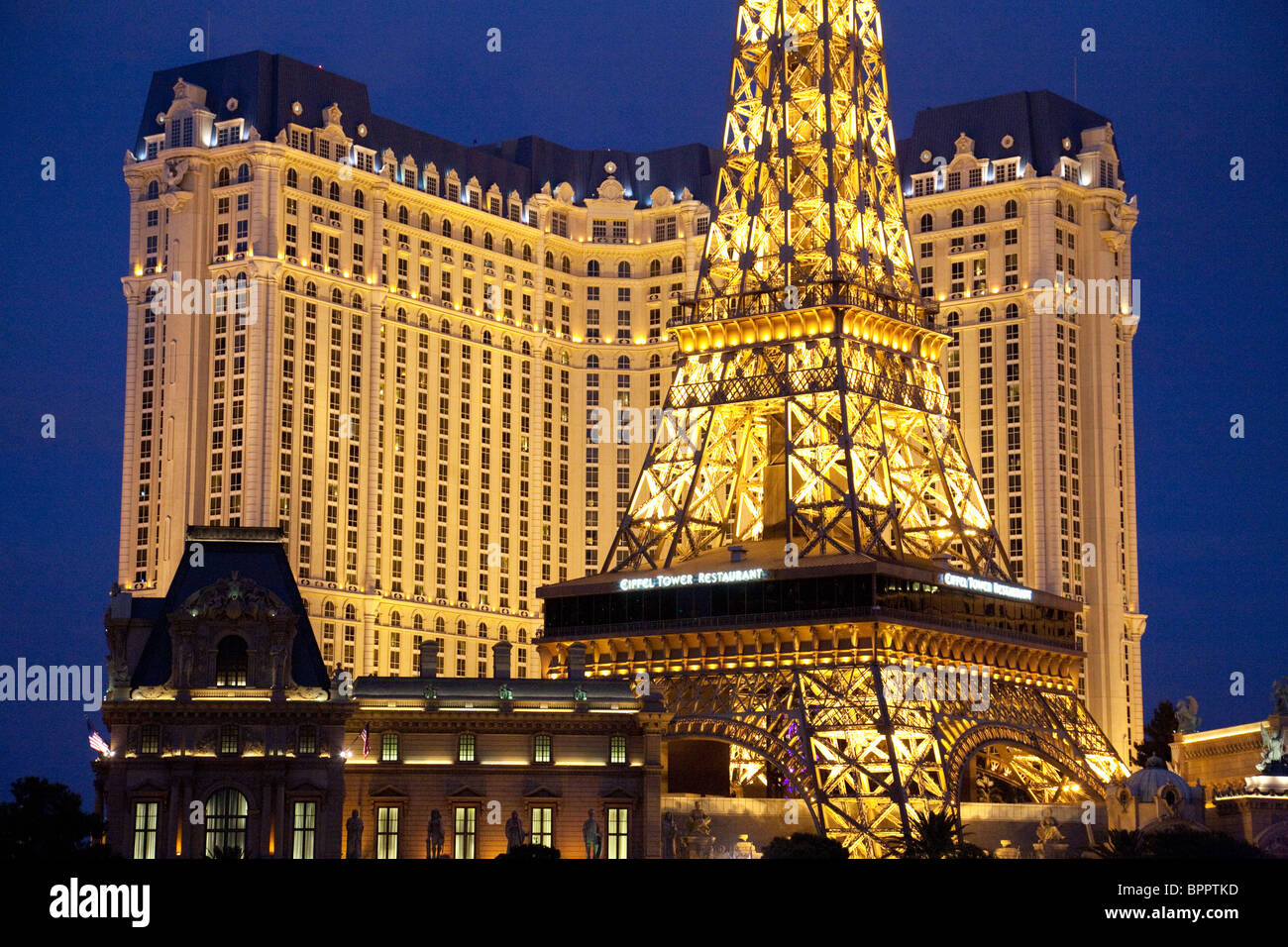 The Paris Hotel and Eiffel tower at night, the Strip, Las Vegas, Nevada USA Stock Photo - Alamy