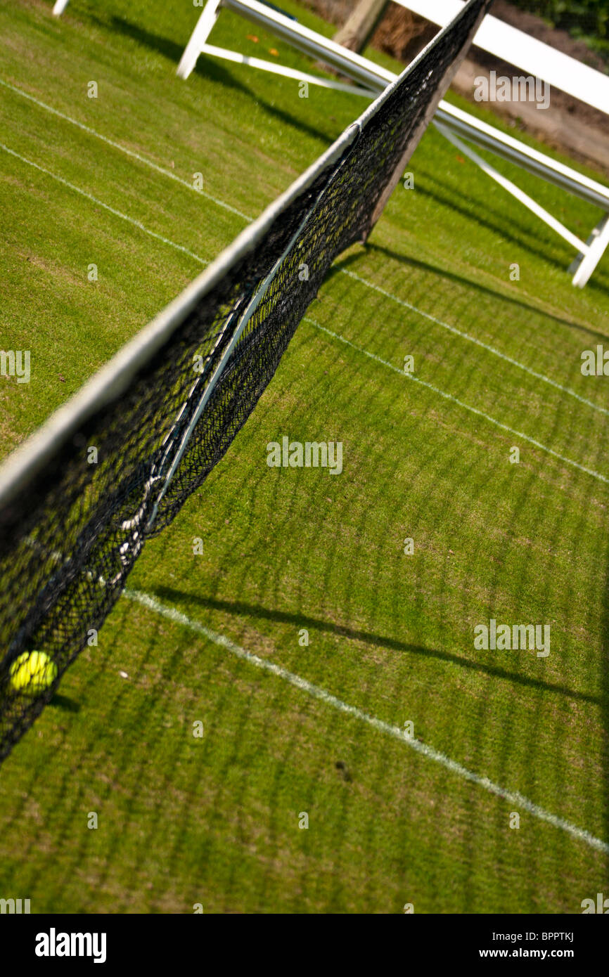 Perspective view of grass tennis court and net Stock Photo - Alamy