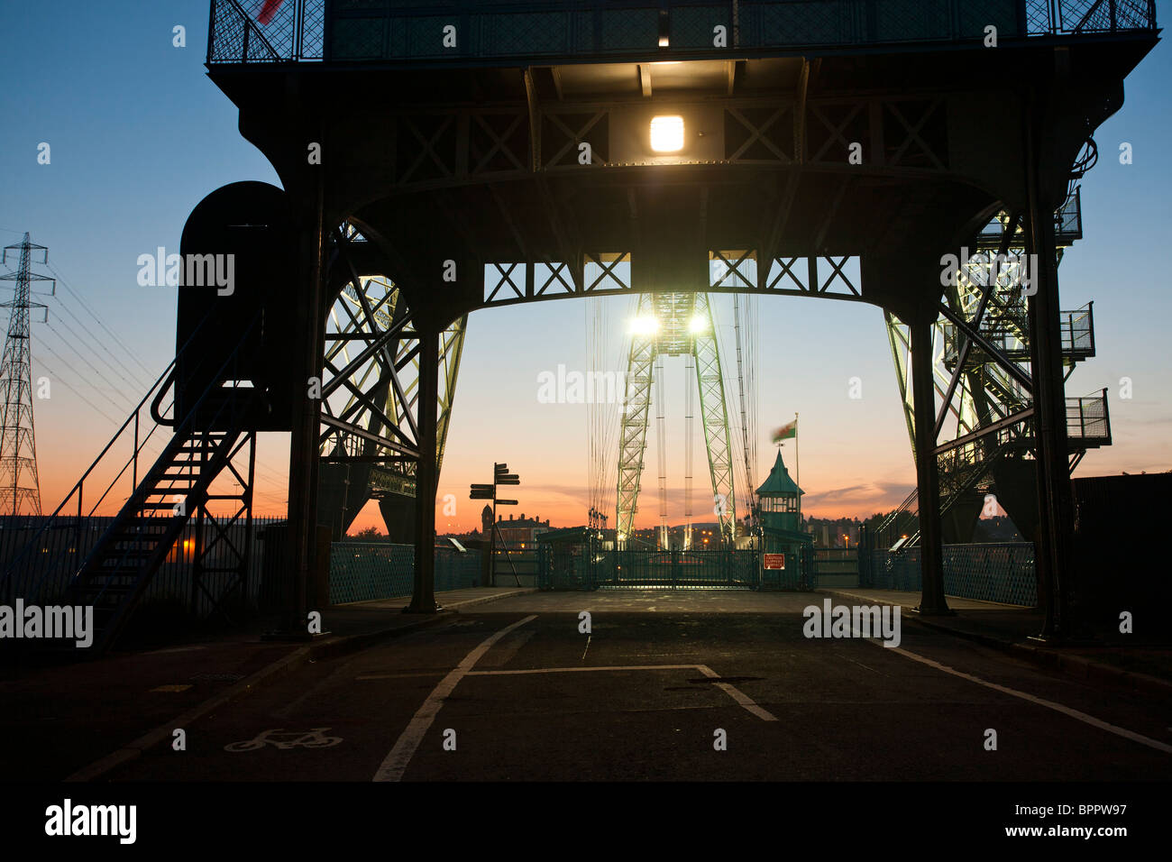 Newport Transporter Bridge, control booth and gondola at dusk Stock ...