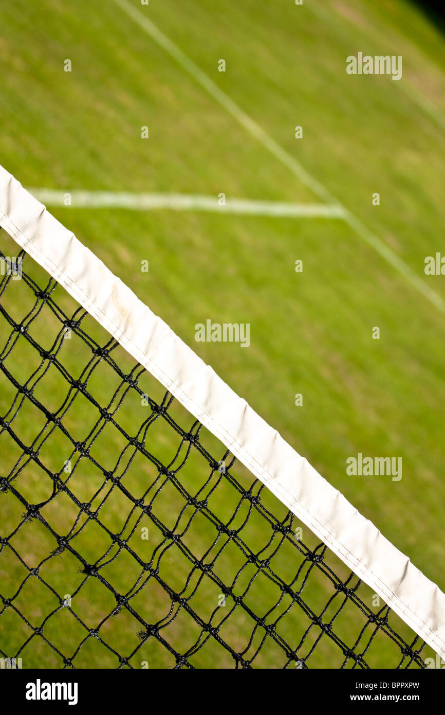 Perspective view of grass tennis court and net Stock Photo - Alamy