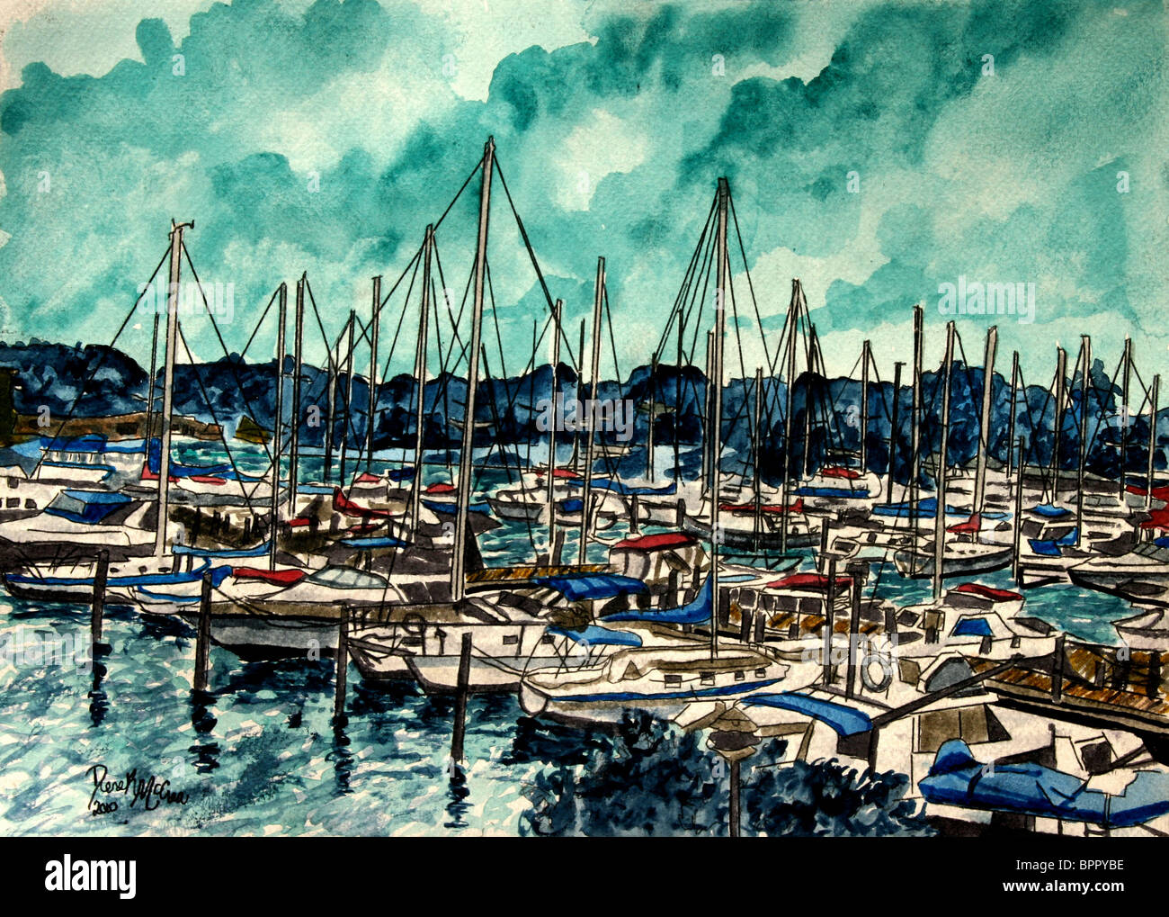 aquamarine seascape nautical marina sailboat painting Stock Photo - Alamy