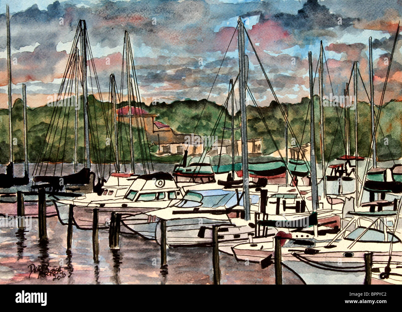 sailboats pen and ink drawing nautical art watercolor painting Stock ...