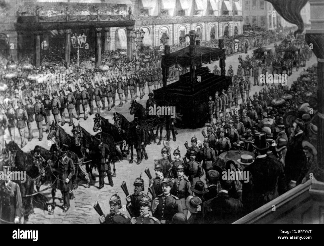 Horse drawn catafalque, Civil War veterans in parade, and spectators at ...