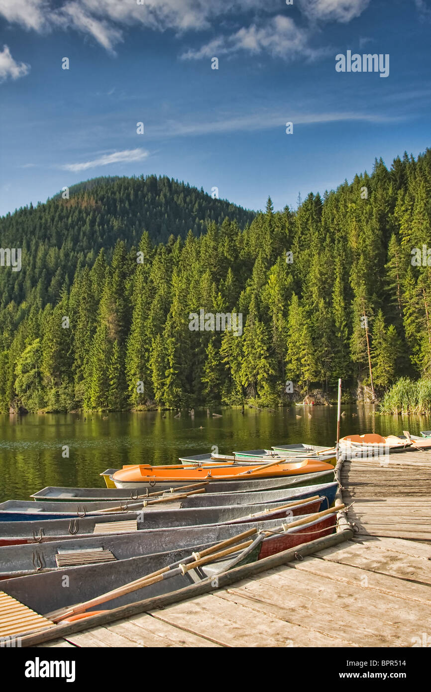 Boats at Red Lake in Romania Stock Photo - Alamy