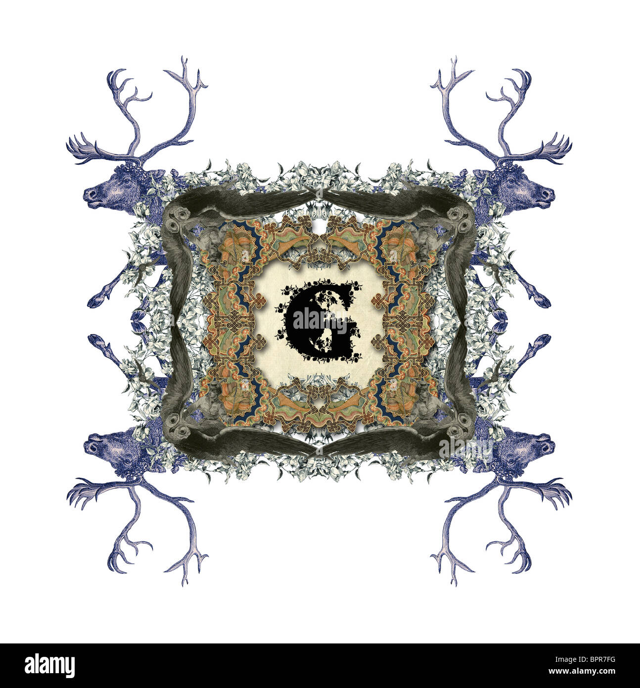 The Victorian capital letter G with four owls and four deer Stock Photo ...