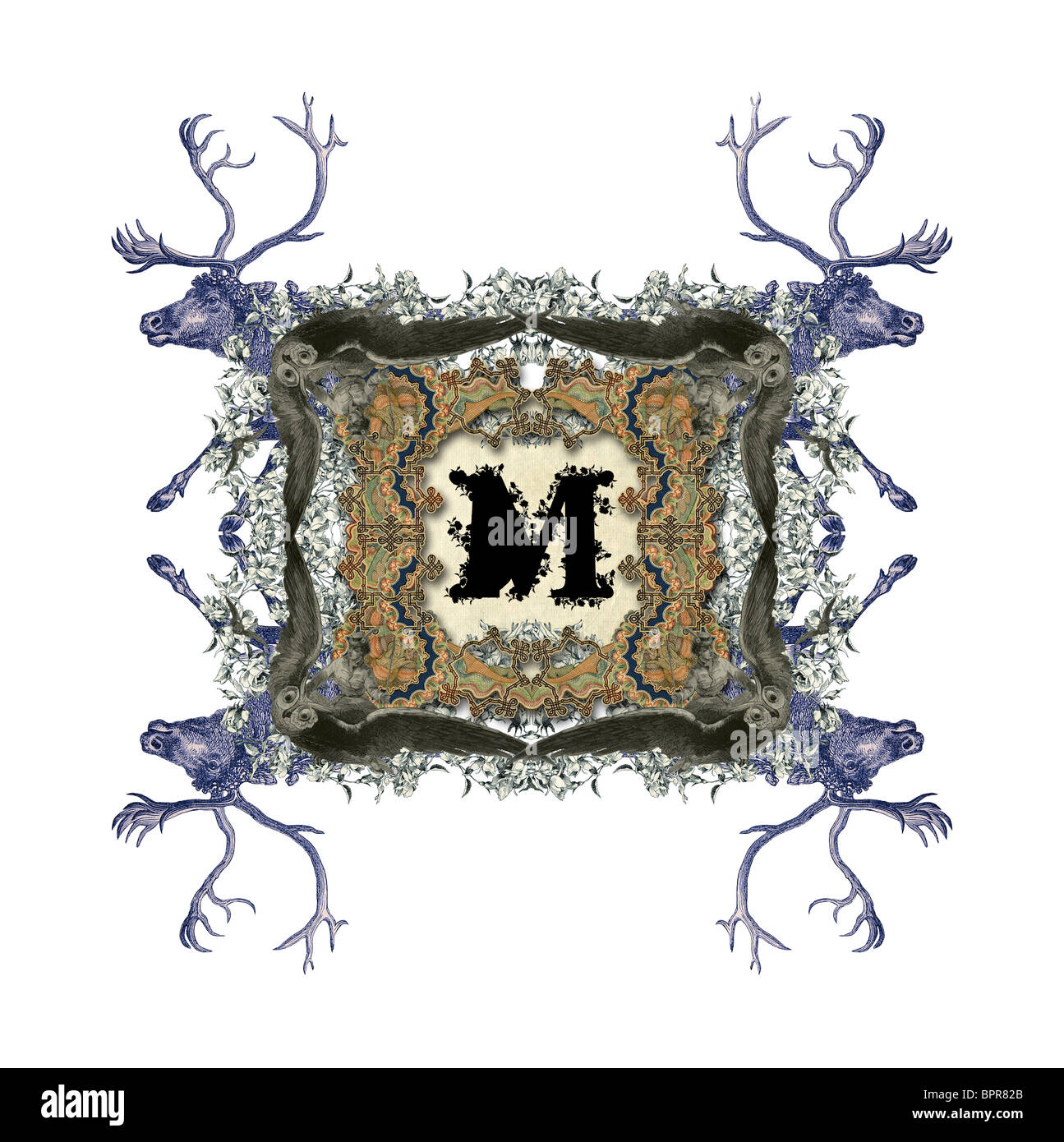 The Victorian capital letter M with four owls and four deer Stock Photo ...