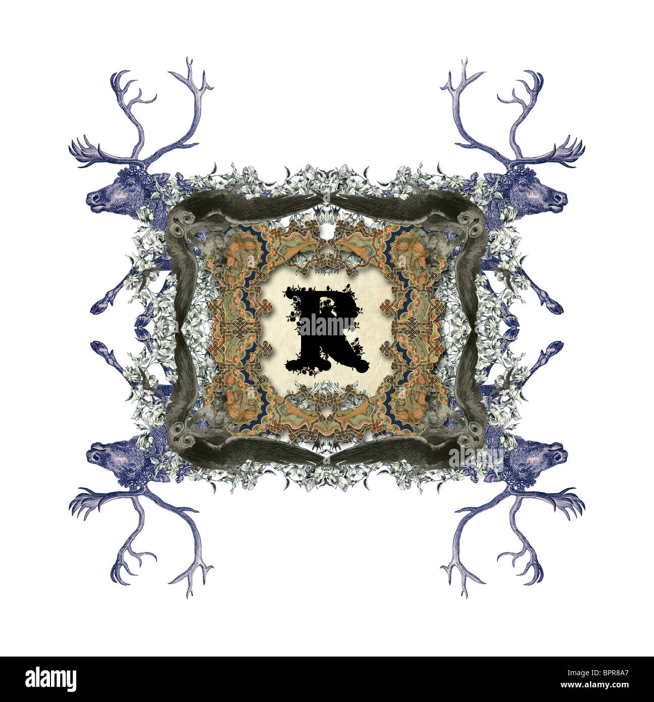 The Victorian capital letter R with four owls and four deer Stock Photo ...