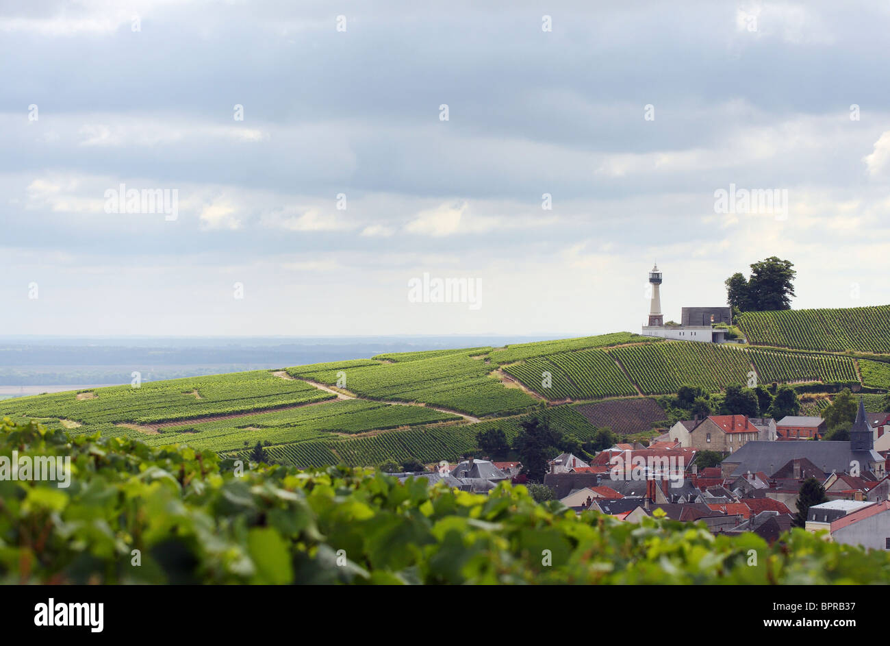 The village of Verzenay and its lighthouse in the French Champagne ...