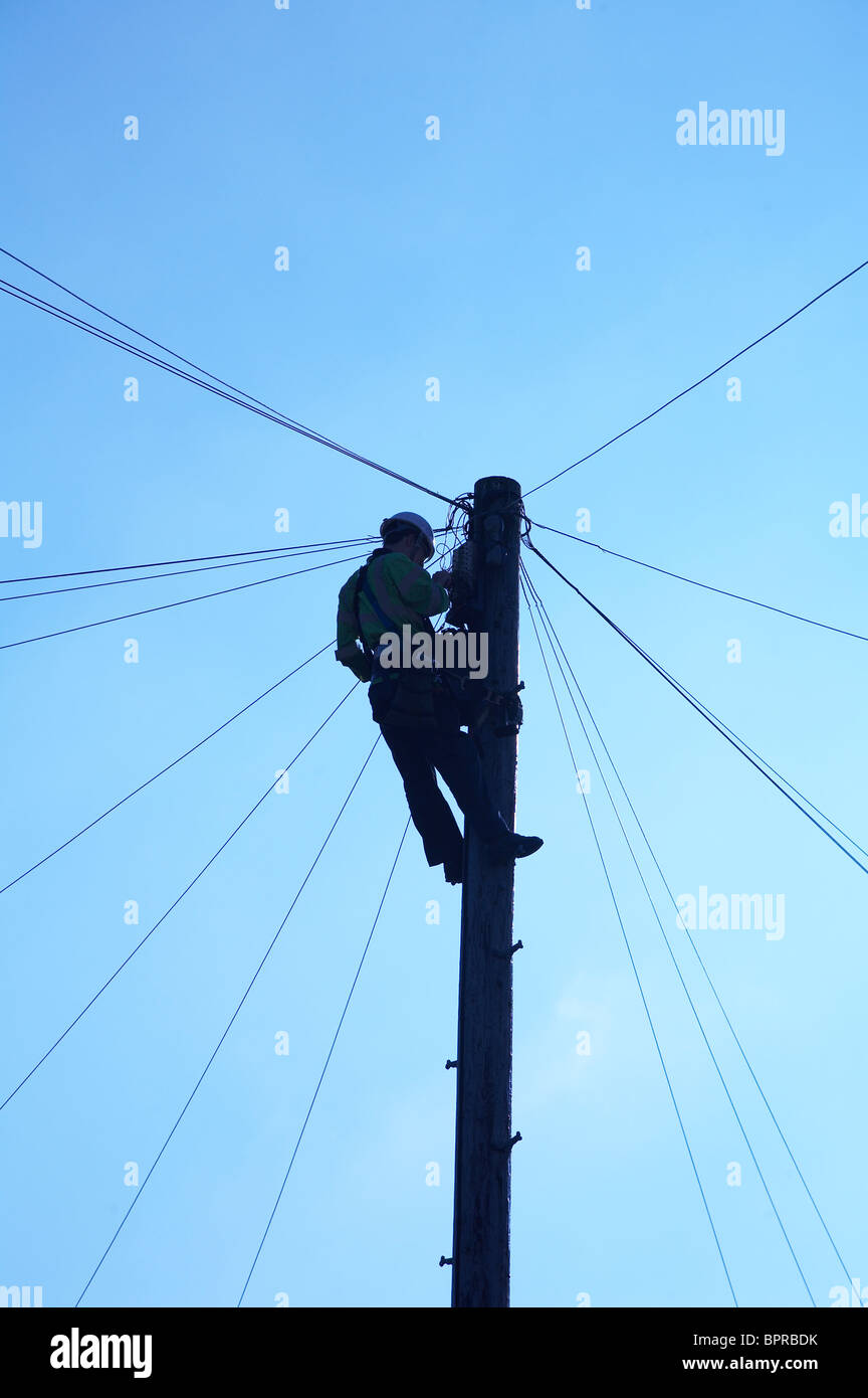 British Telecom engineer up a telegaph pole Stock Photo - Alamy