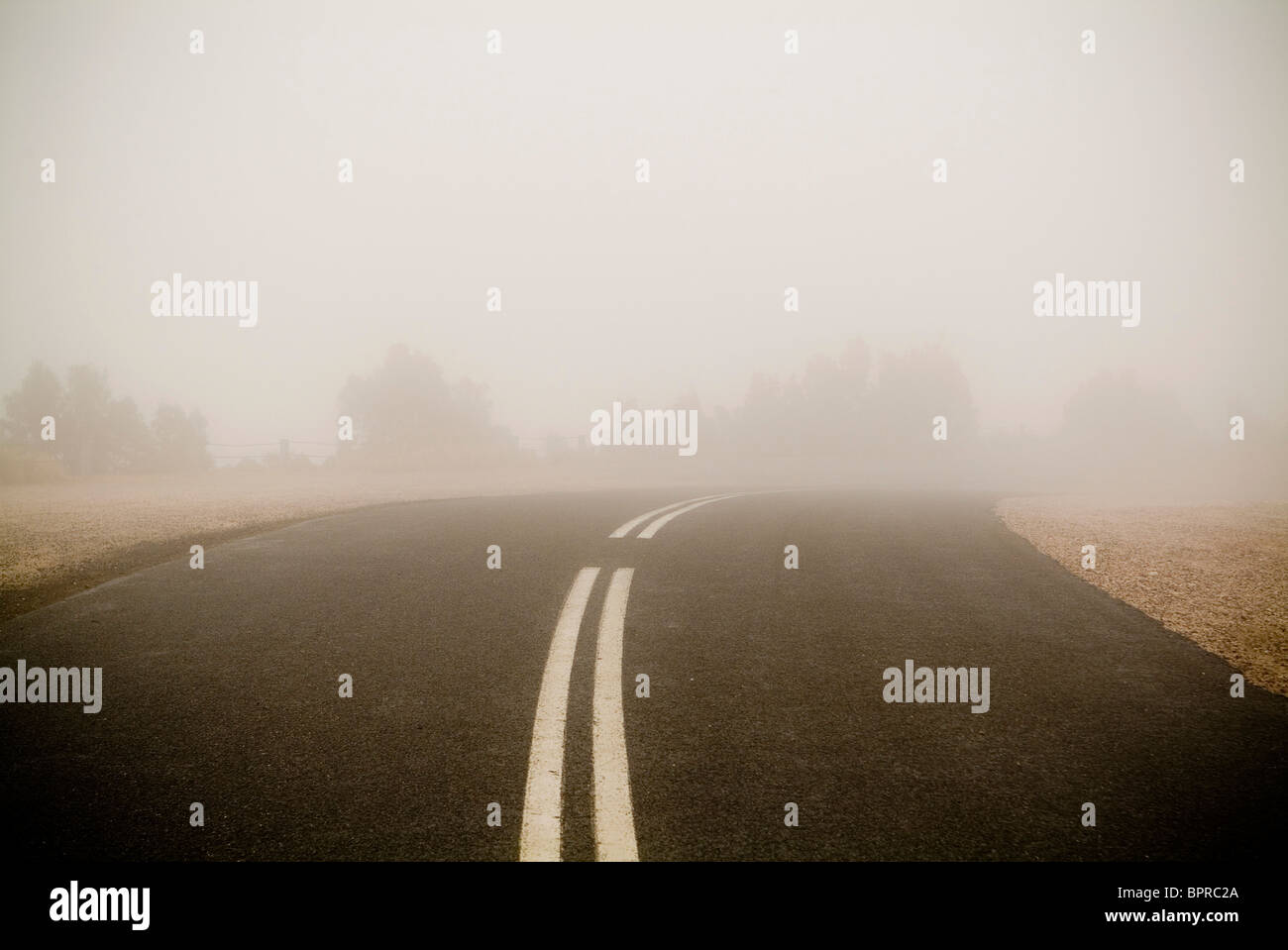 Dark road with double lines disappears into very thick fog Stock Photo ...