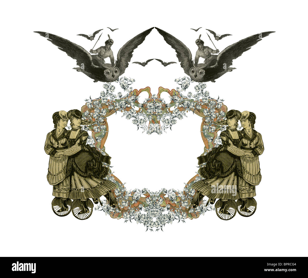 Luxuriously color illustrated old victorian frame with a girl flying to ...