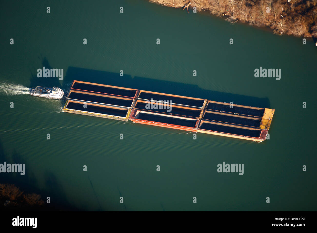 Aerial view of an empty barge on a river Stock Photo - Alamy