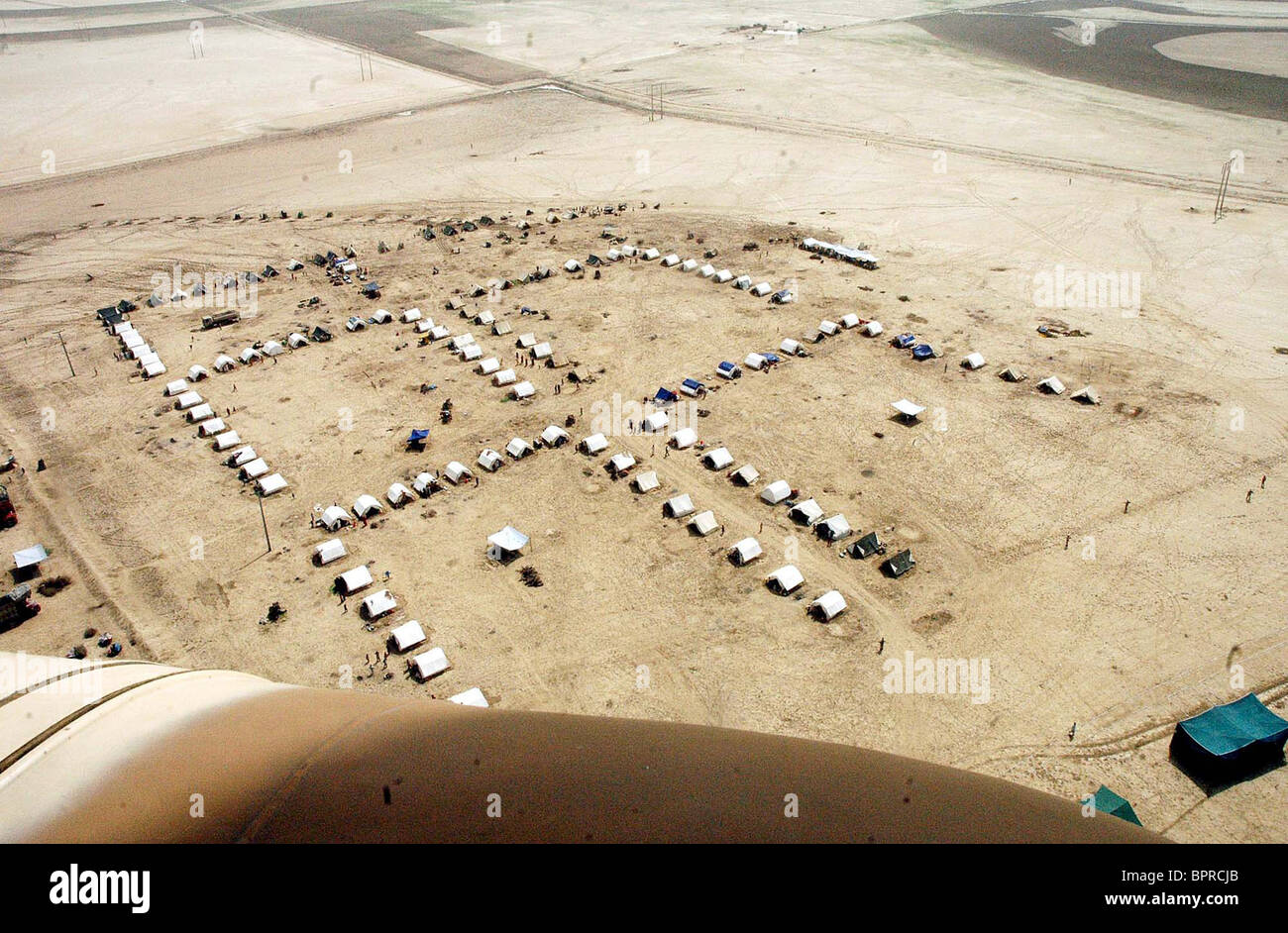 Aerial view of makeshift tent-houses at flood affectees relief camp ...