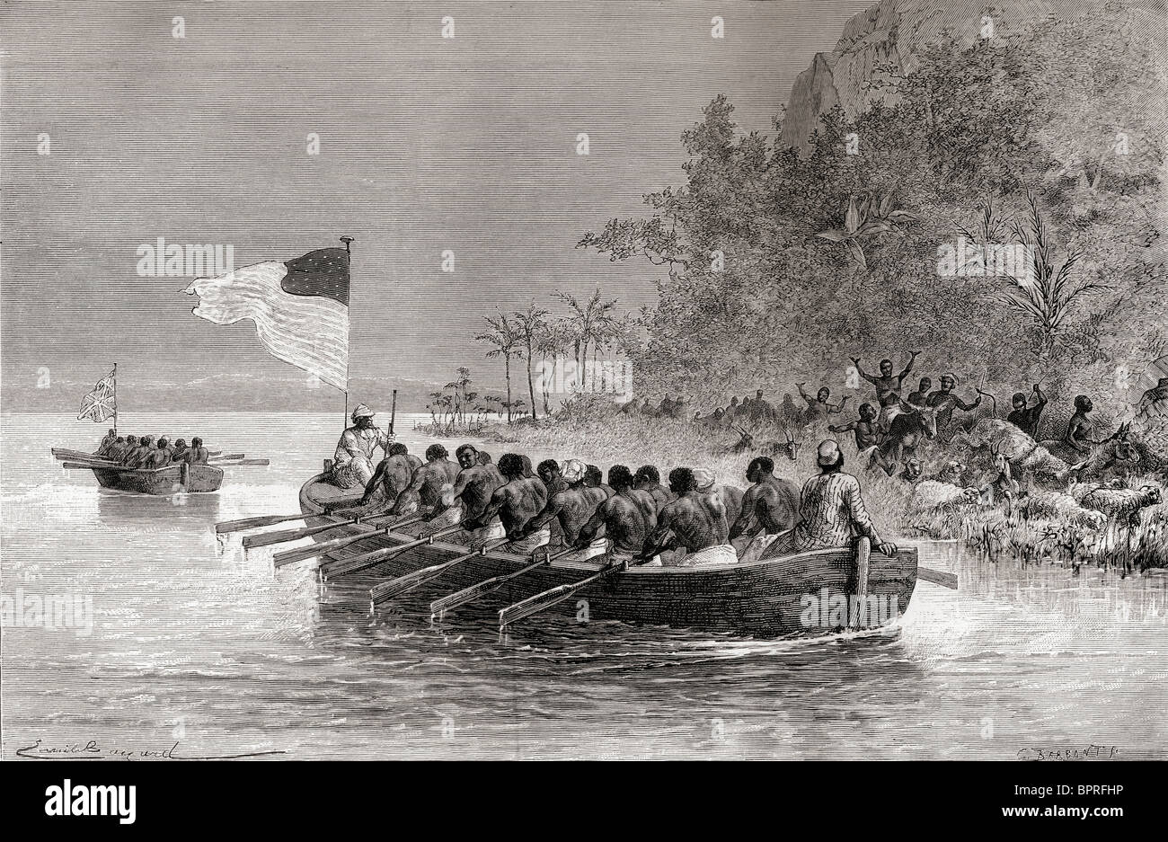 David Livingstone and Stanley in boats during second African expedition ...