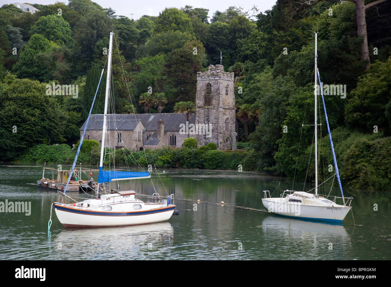 St Just in Roseland church; from the river Fal; Cornwall Stock Photo ...