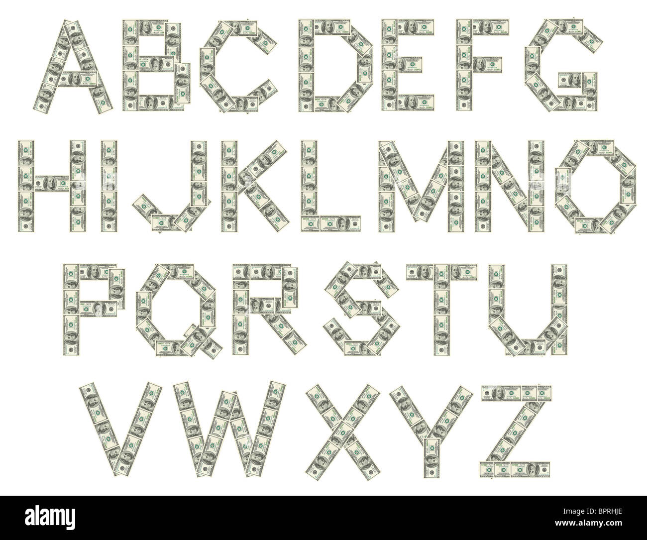 Alphabet made of dollars isolated on white background Stock Photo - Alamy