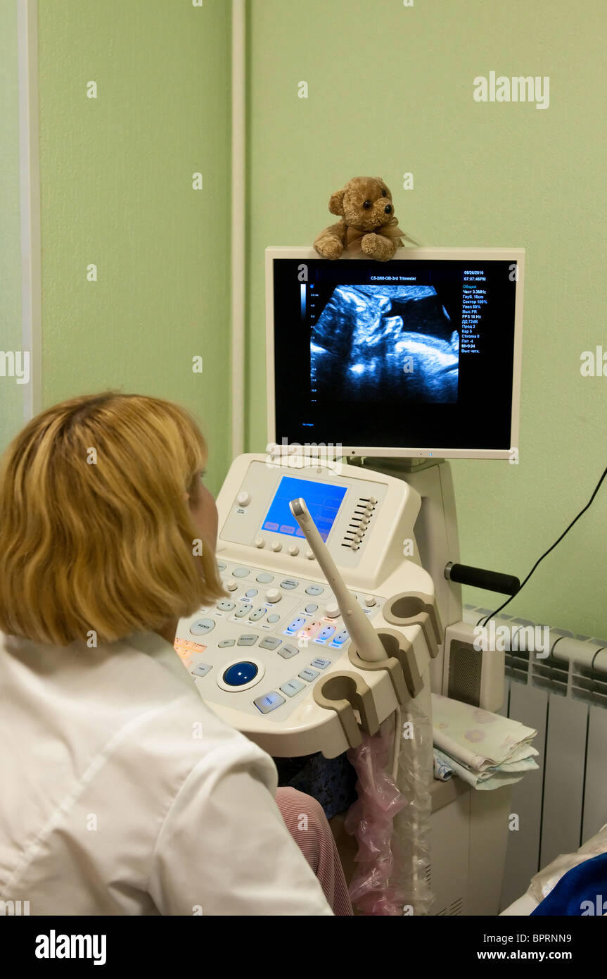 Obstetrician examining pregnant belly by ultrasonic scan Stock Photo ...