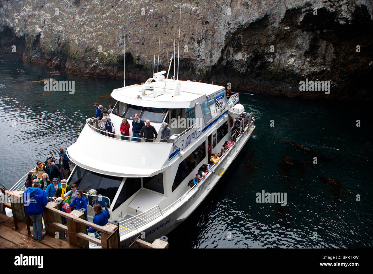 Visitors to Anacapa Island depart a ferry boat, Channel Islands ...