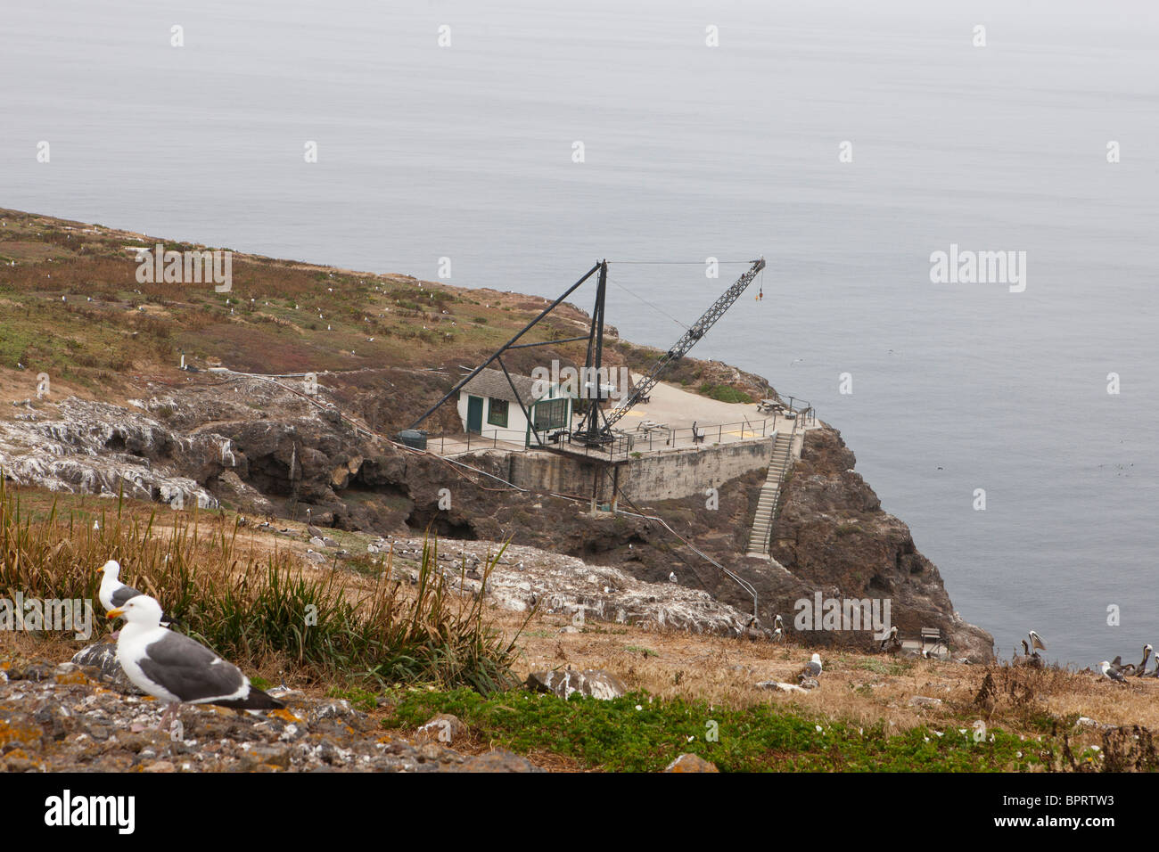 Cranes and loading dock along the cliffs of Anacapa Island, Channel ...