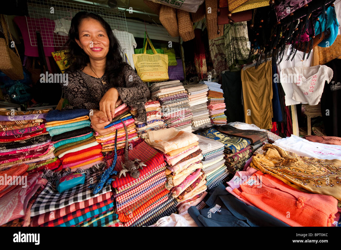 Textiles for sale in the market, Siem Reap, Cambodia Stock Photo - Alamy
