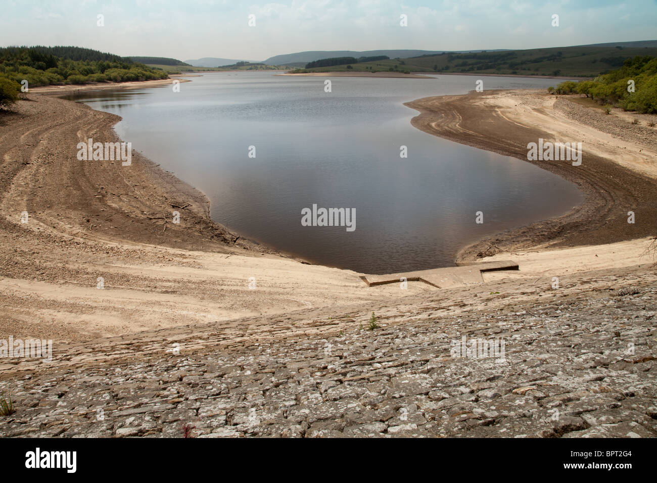 Severely dried out reservoir in the Forrest of Bowland, Lancashire ...