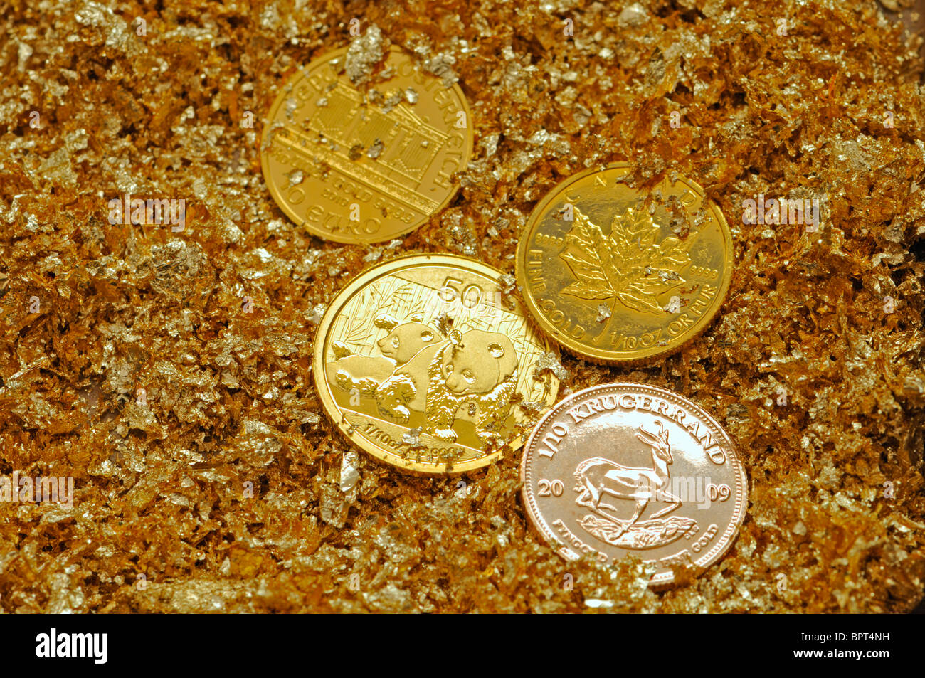 Small pure gold bullion coins in gold flakes Stock Photo - Alamy