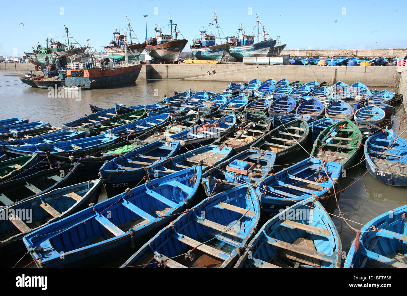 Blue boats, ships are pictured in the harbor of Essaouira, Morocco, on ...