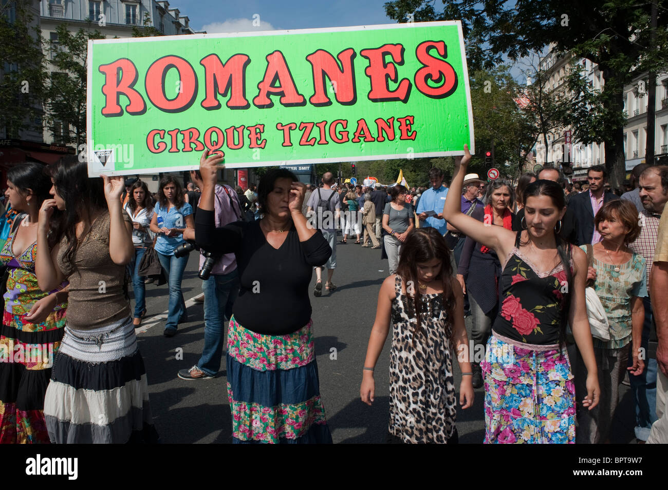 Paris, France, Group of Gypsy Migrant women with signs Marching Holding ...