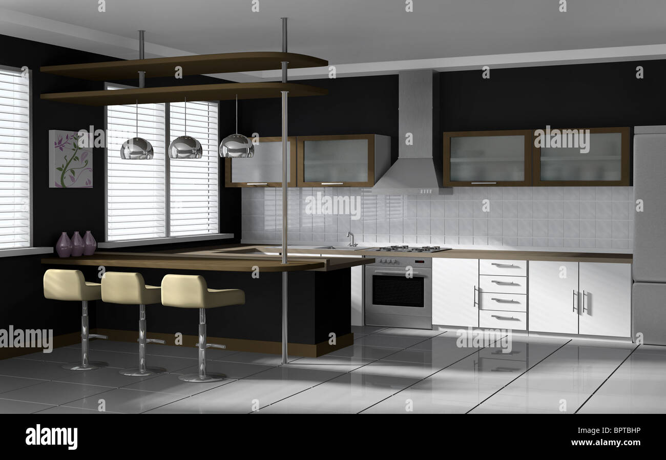 Modern kitchen, 3D visualization Stock Photo - Alamy
