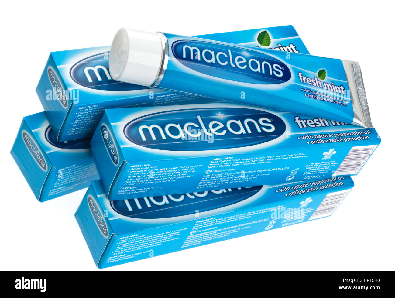 Five blue boxes of 100ml Macleans fresh mint toothpaste Stock Photo - Alamy