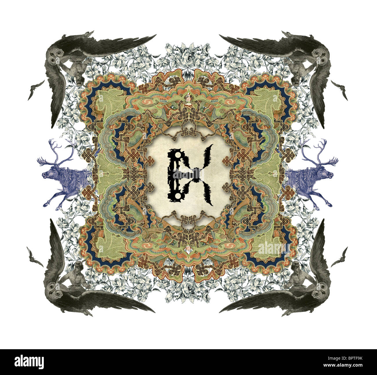 The Victorian capital letter K with four owls and two deer Stock Photo ...